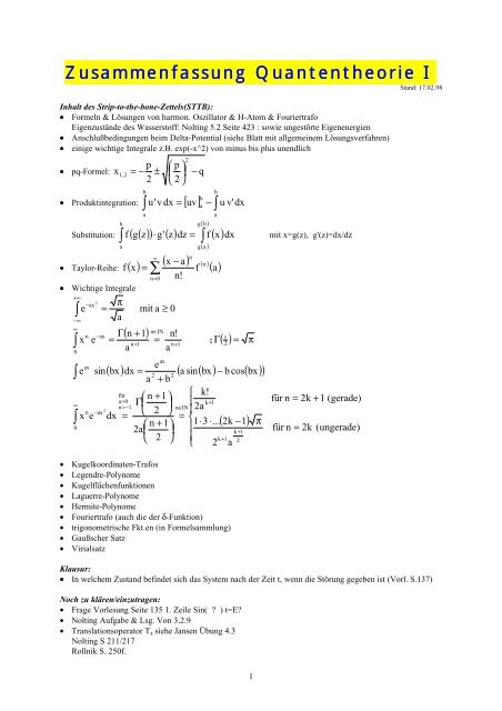 Quantenmechanik I - Ralph Wagner Homepage