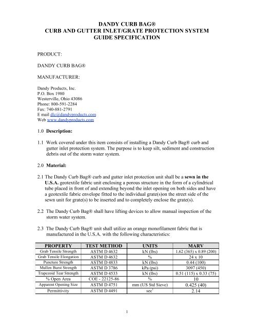 Dandy Curb Bag Specification Sheet - Drainage Solutions, Inc.