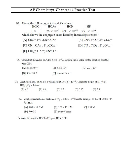 AP Chemistry: Chapter 14 Practice Test AP Chemistry: Chapter 14 Practice Test