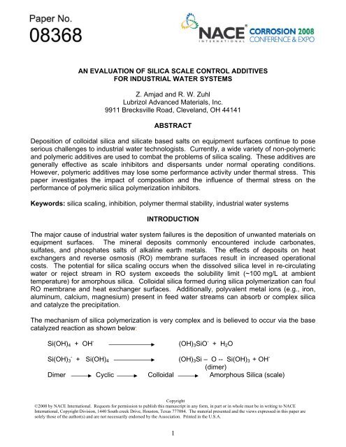 an evaluation of polymeric silica scale control additives - Lubrizol