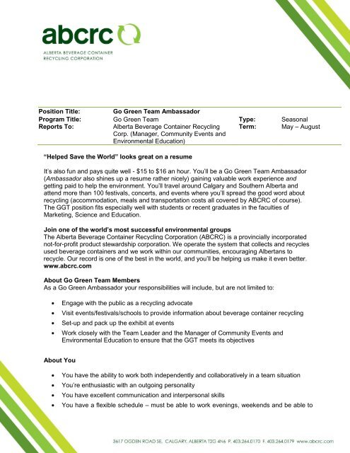 Go Green Team Ambassador Program Title - abcrc