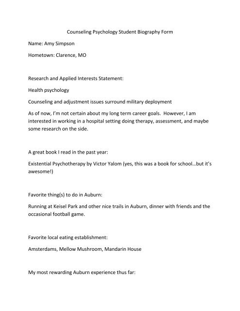Counseling Psychology Student Biography Form - Auburn University