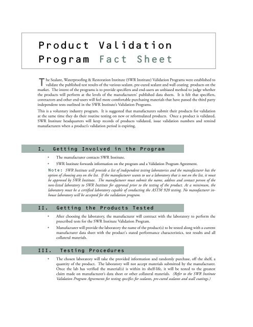 Product Validation Program Fact Sheet - the Sealant, Waterproofing ...