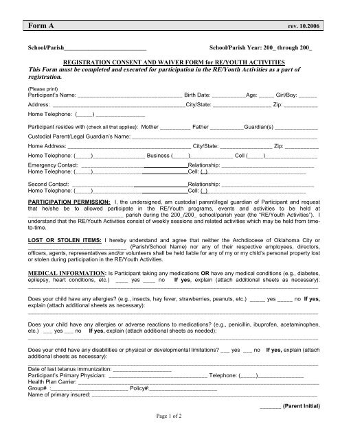 Form A Registration Consent Youth - Catholic Church of St. Mary ...