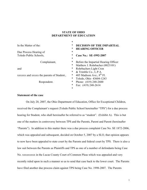 Due Process Hearing of Toledo Public Schools, Complainant, and ...