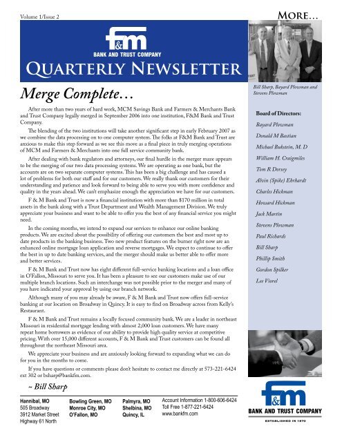 Quarterly Newsletter - F&M Bank and Trust