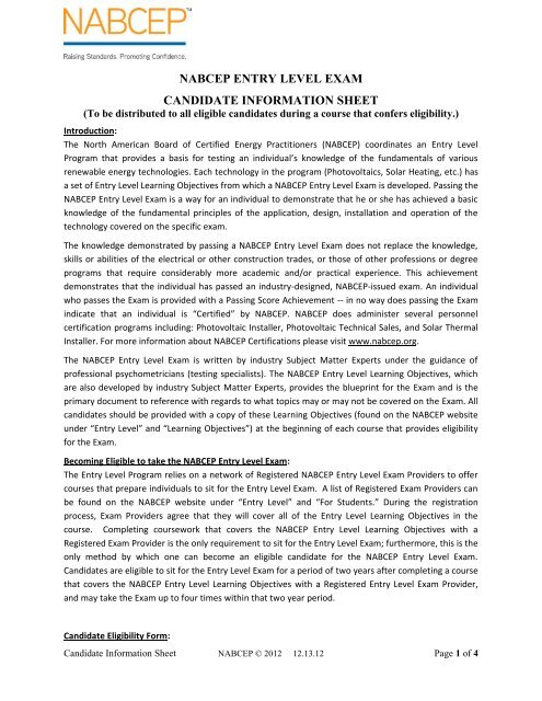 NABCEP ENTRY LEVEL EXAM CANDIDATE INFORMATION SHEET