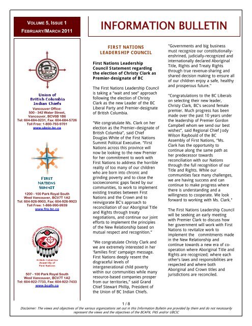 INFORMATION BULLETIN - The BC Assembly of First Nations