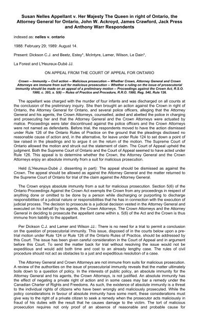 Susan Nelles Appellant v. Her Majesty The Queen in right of Ontario ...