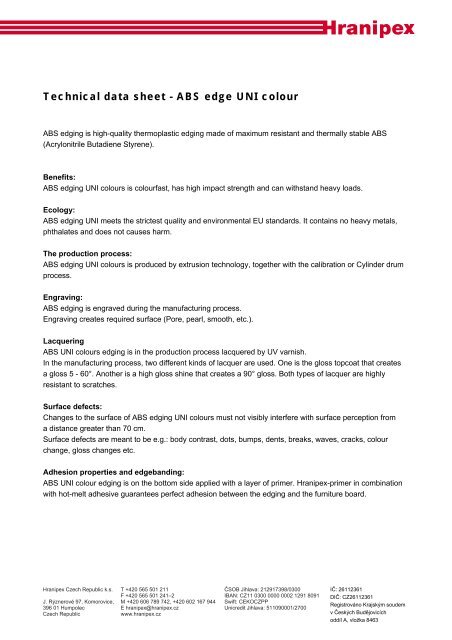 Technical data sheet - ABS edge UNI colour - Hranipex