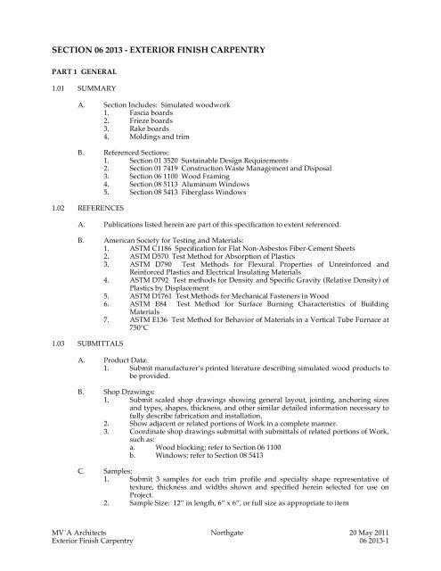 SECTION 06 2013 - EXTERIOR FINISH CARPENTRY