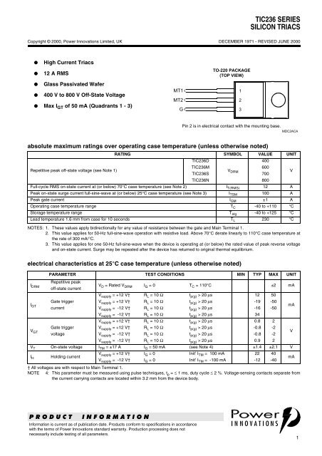 TIC236 SERIES SILICON TRIACS