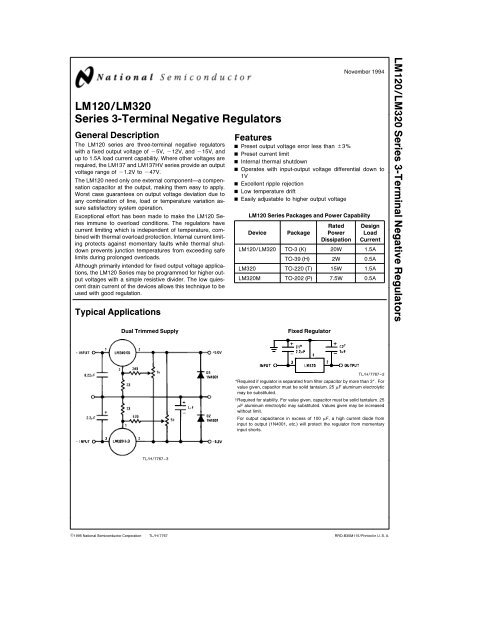 LM120/LM320 Series 3-Terminal Negative Regulators