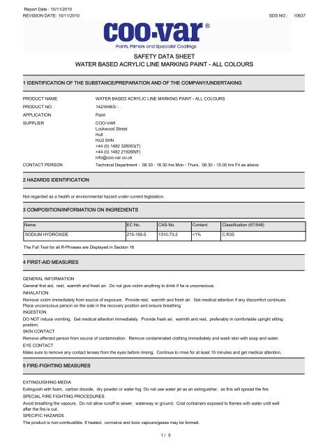 SAFETY DATA SHEET WATER BASED ACRYLIC ... - Resto Coatings