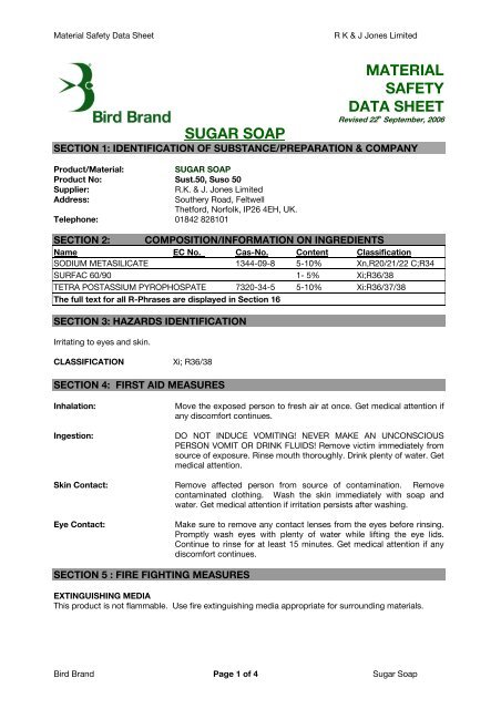MATERIAL SAFETY DATA SHEET SUGAR SOAP - Bird Brand