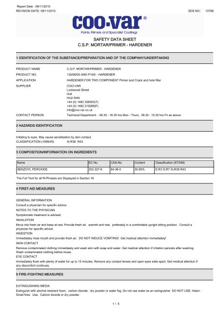 Mortar/Primer Hardener Safety Data Sheet - Resto Coatings