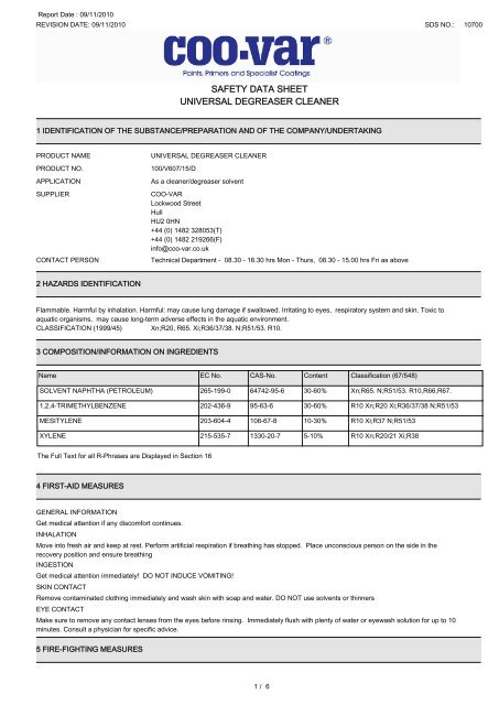 SAFETY DATA SHEET UNIVERSAL DEGREASER ... - Resto Coatings