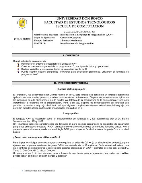 Introduccion al Lenguaje de Programacion C++ - Universidad Don ... Introduccion al Lenguaje de Programacion C++ - Universidad Don ...