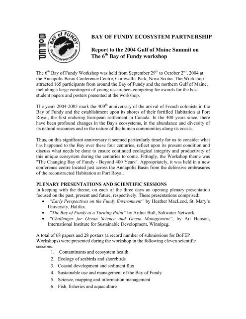 Workshop Summary Report - Bay of Fundy Ecosystem Partnership