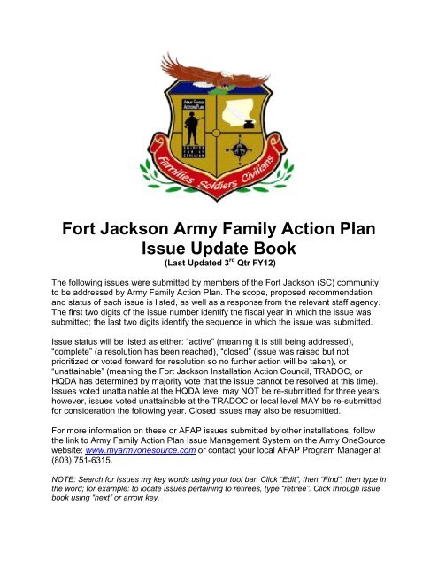 Fort Jackson Army Family Action Plan Issue Update Book