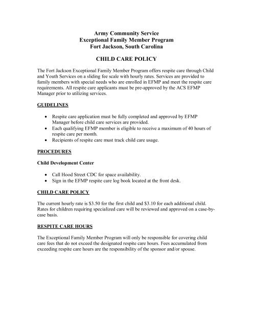 Child Care Policy Form - Fort Jackson MWR