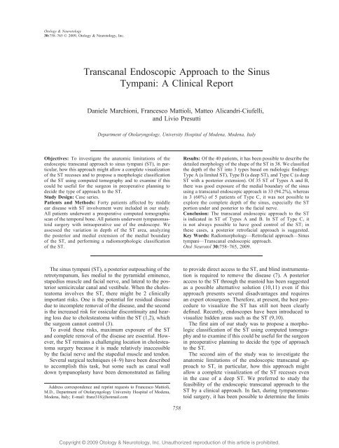 Transcanal Endoscopic Approach to the Sinus Tympani: A Clinical ...