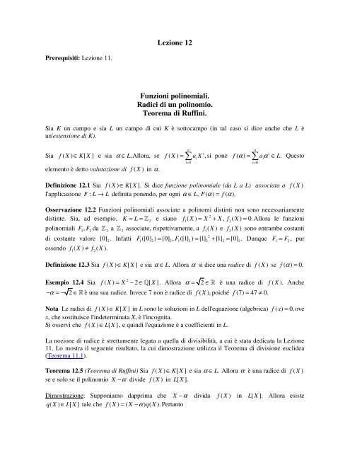 Lezione 12: Funzioni polinomiali. Radici di un polinomio. Teorema ...