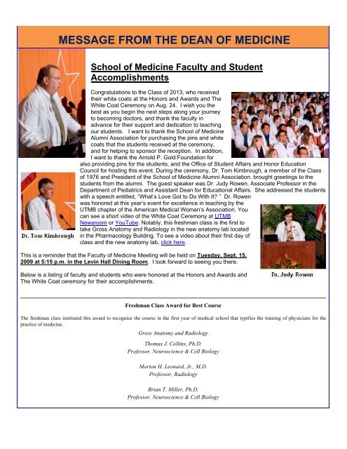 MESSAGE FROM THE DEAN OF MEDICINE - School of Medicine