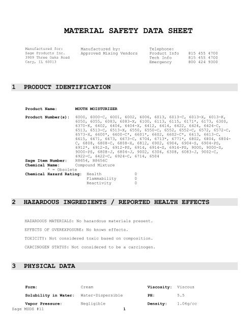 MATERIAL SAFETY DATA SHEET - Sage Products Inc.
