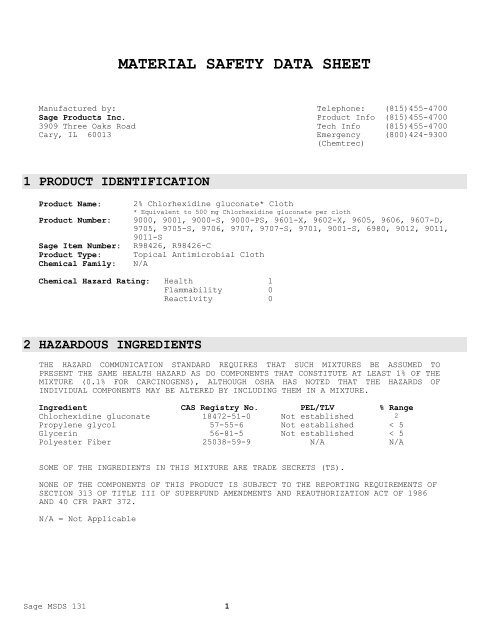 MATERIAL SAFETY DATA SHEET - Sage Products Inc.