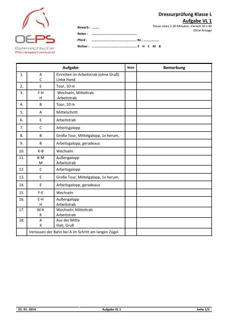 Dressurprüfung Klasse L Aufgabe VL 1 E H C M B