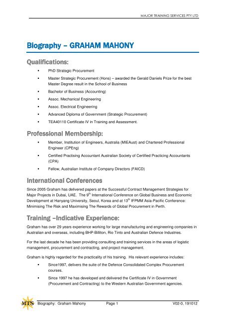 Graham Mahony - Major Training Services