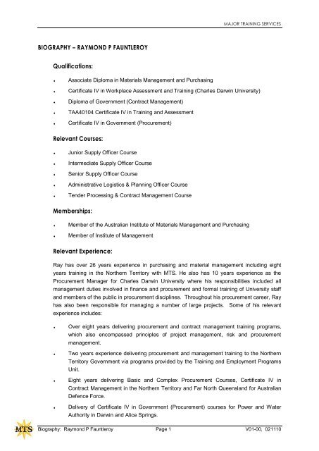 Ray Fauntleroy - Major Training Services