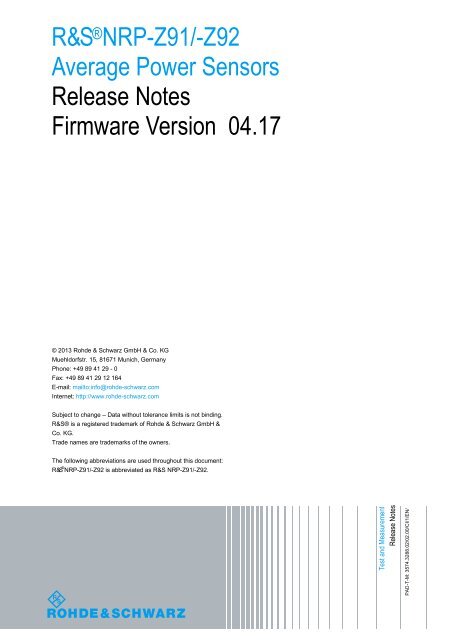R&S®NRP-Z91/-Z92 Average Power Sensors ... - Rohde & Schwarz