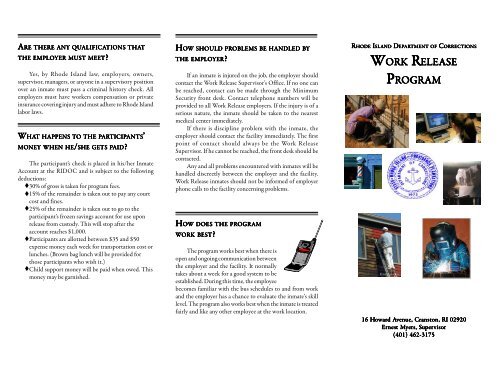 Work Release Program 2008 - Rhode Island Department of ...