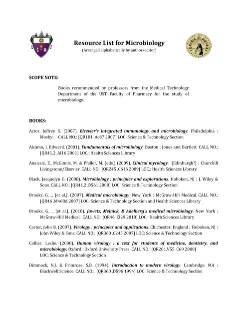 Resource List for Microbiology - Miguel de Benavides Library