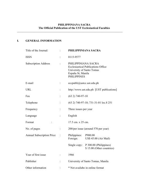 Philippiniana Sacra - University of Santo Tomas