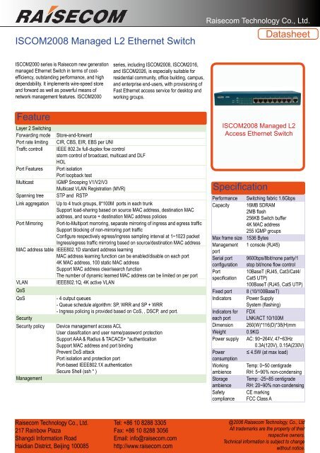 ISCOM2008 Managed L2 Ethernet Switch Specification ... - Raisecom