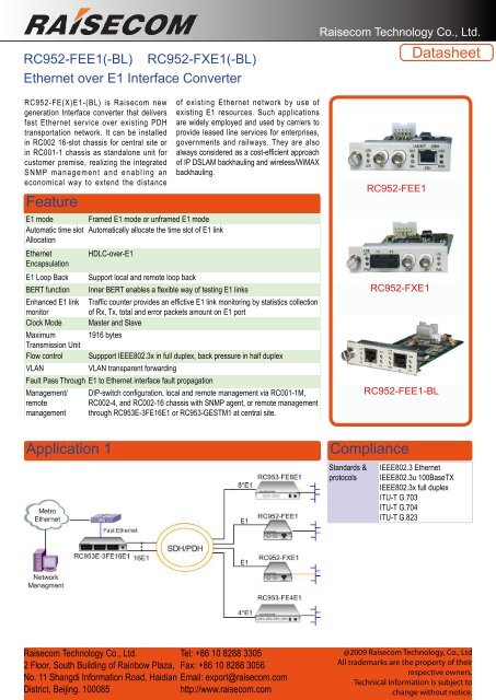 Feature Datasheet Application 1 Compliance - Raisecom