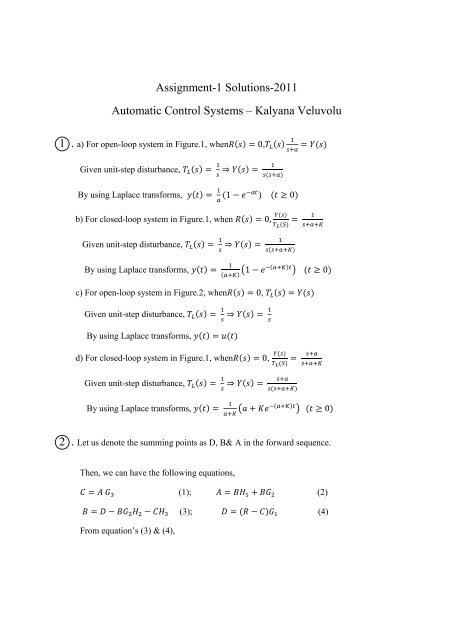 Assignment 1 Solutions 2011 Automatic Control Systems â Kalyana