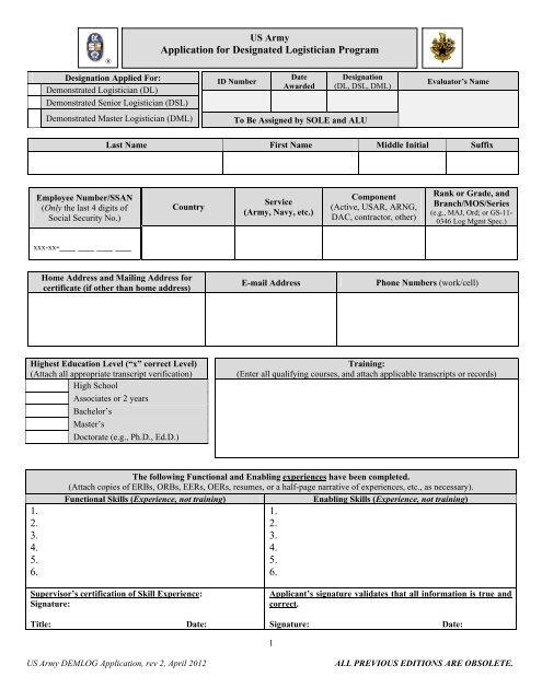 Army DemLog Application - The International Society of Logistics