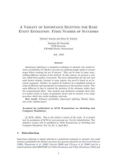 A Variant Of Importance Splitting For Rare Event Estimation Fixed