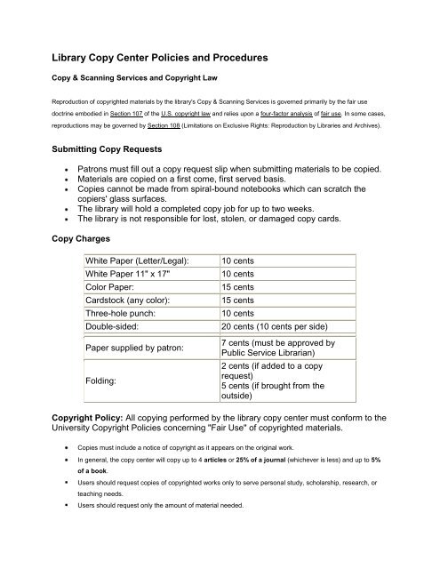 Library Copy Center Policies and Procedures