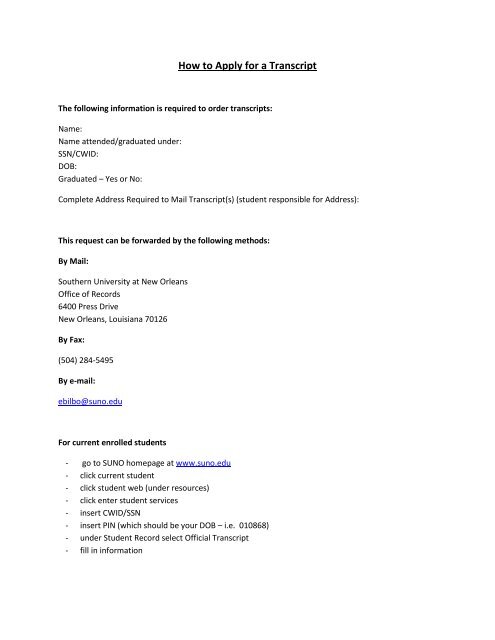 How to Apply for a Transcript.pdf - Southern University New Orleans