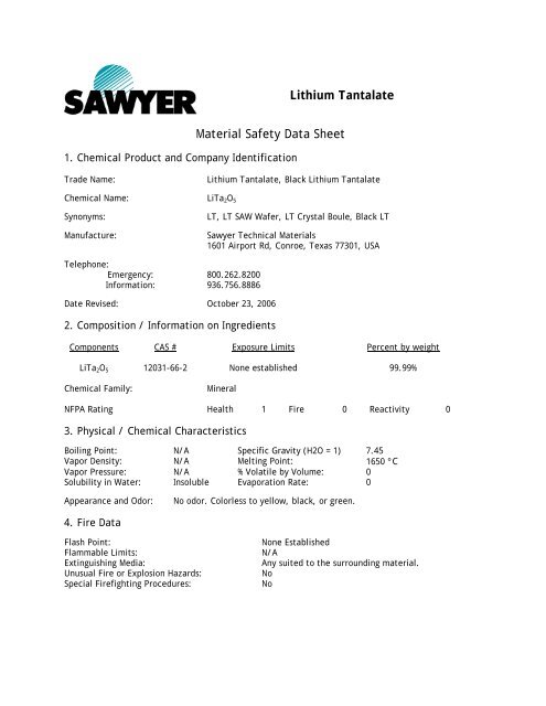 Lithium Tantalate Material Safety Data Sheet - Sawyer Technical ...