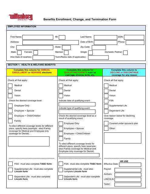 Benefits Enrollment, Change, and Termination Form
