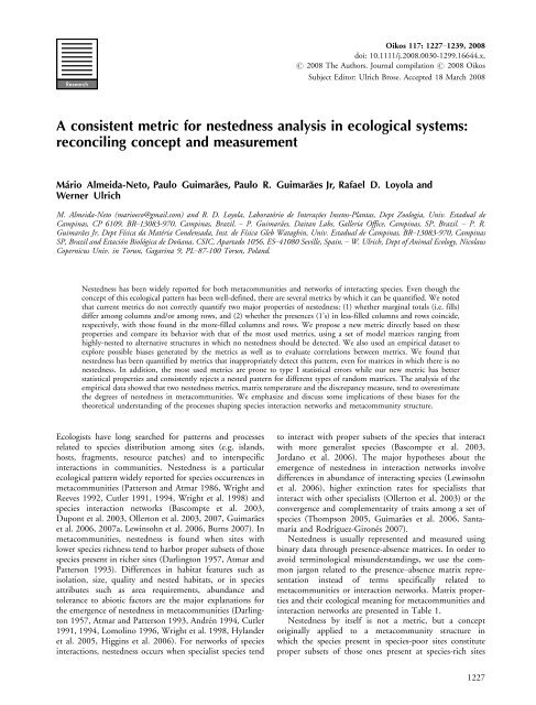 A consistent metric for nestedness analysis in ecological systems ...