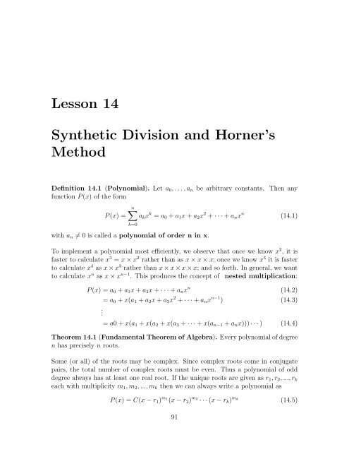 Lesson 14 Synthetic Division and Horner's Method - Bruce E. Shapiro