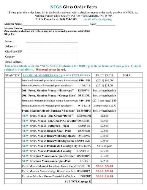 NFGS Glass Order Form - National Fenton Glass Society