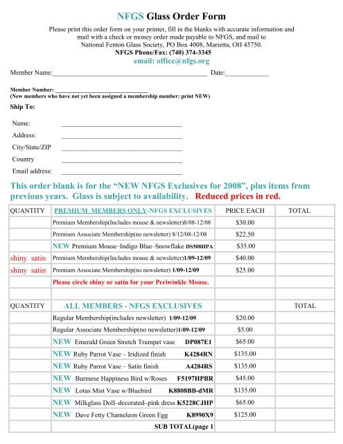 NFGS Glass Order Form - National Fenton Glass Society